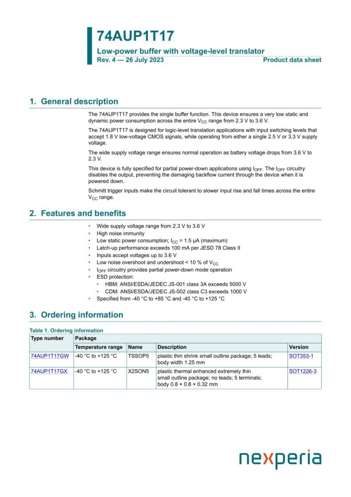 74AUP1T17GWH datasheet page 1