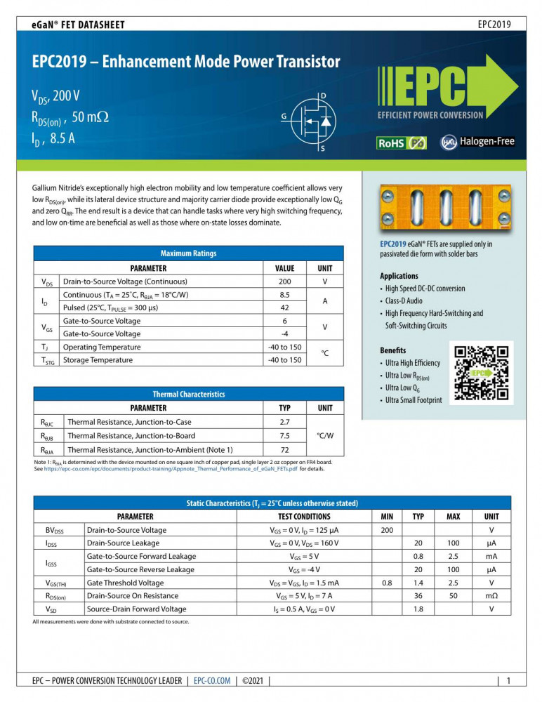 EPC2019 datasheet page 1