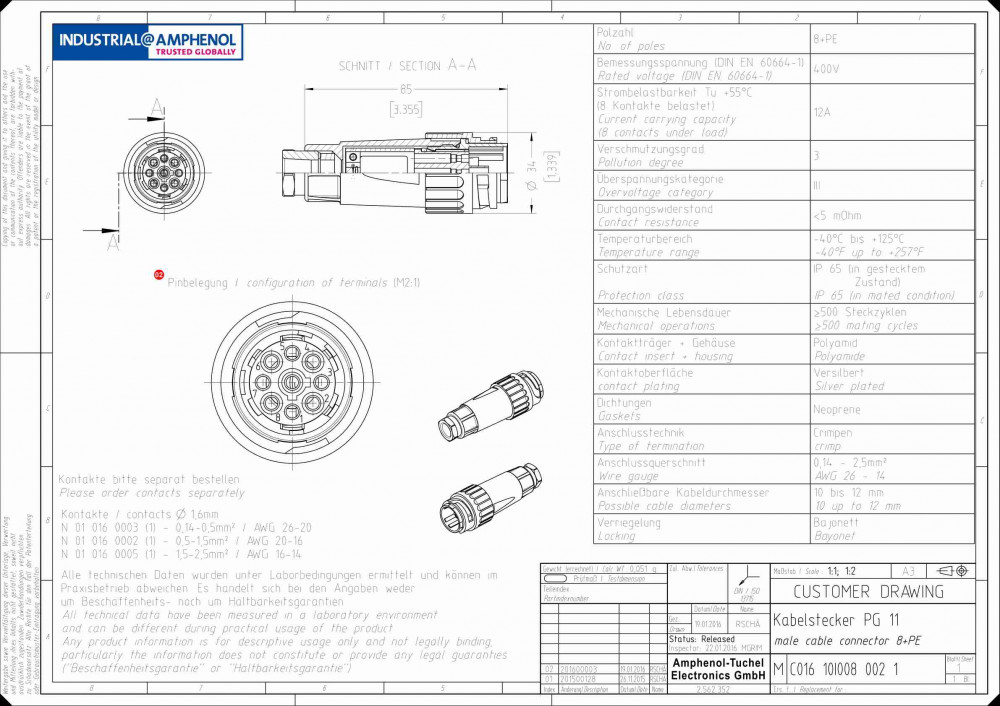 Amphenol C01610I0080021 technical drawing