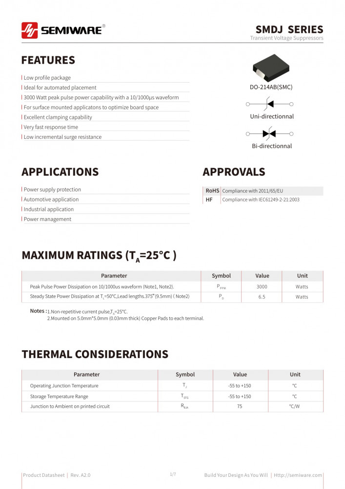 SEMIWARE SMDJ9.0A datasheet page 1
