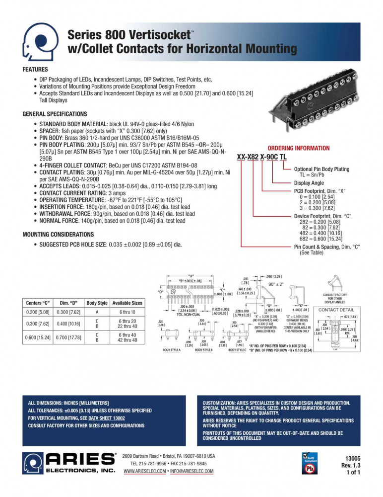 Aries Electronics Series 800 Vertisocket horizontal-mounting product document