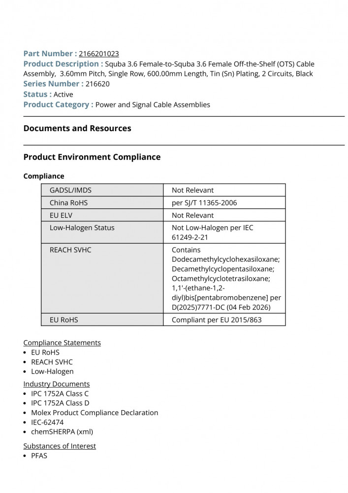 Technical document page 1 for MOLEX 2166201023