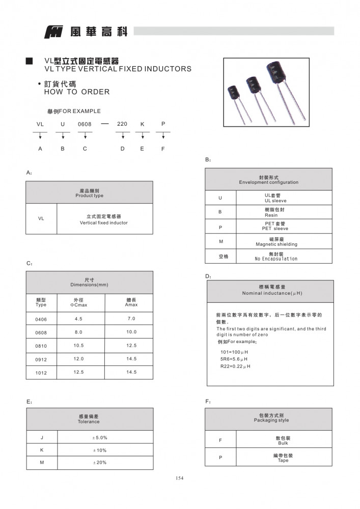 FH VL vertical fixed inductor ordering information