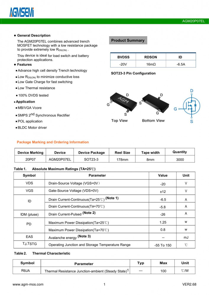 AGM20P07EL datasheet page 1