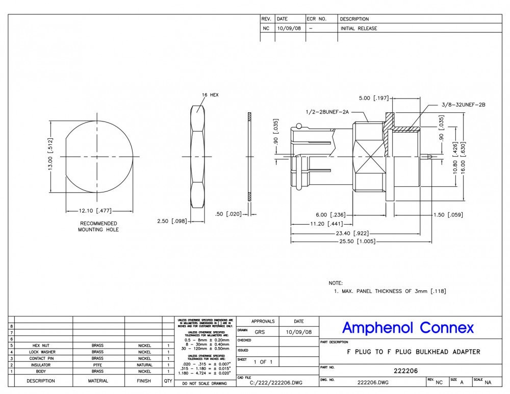 Amphenol 222206 technical drawing