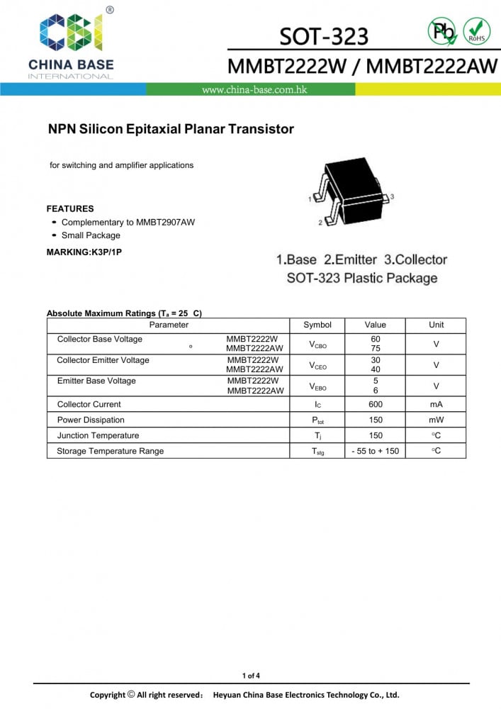 MMBT2222AW datasheet page 1