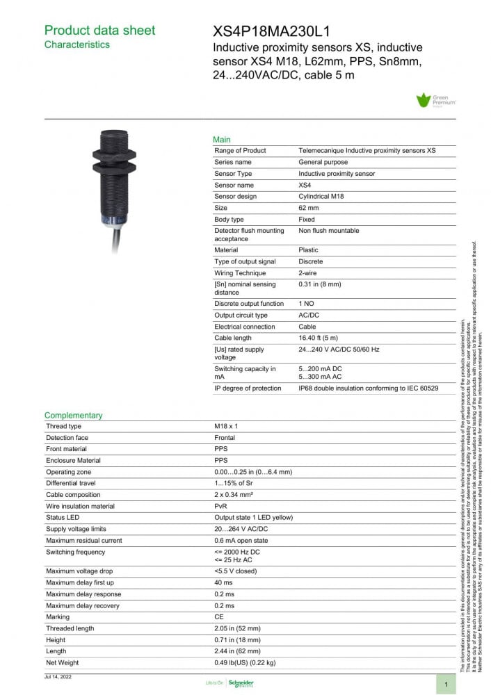 XS4P18MA230L1 technical document page 1