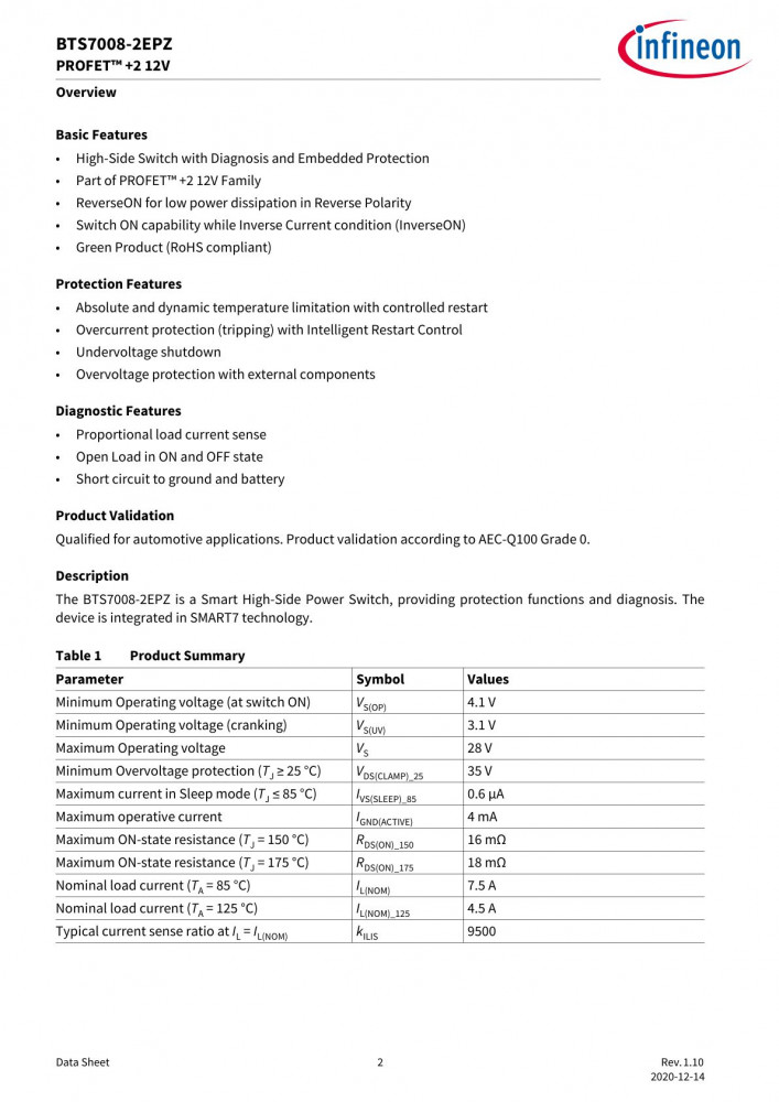 BTS70082EPZXUMA1 datasheet page 2