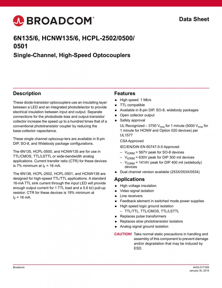 HCPL-2502 family datasheet page 1
