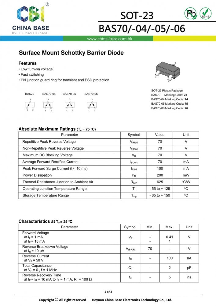 CBI BAS70 series datasheet page 1