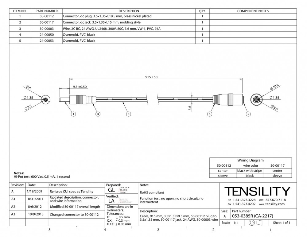 Tensility International 053-0385R cable assembly drawing