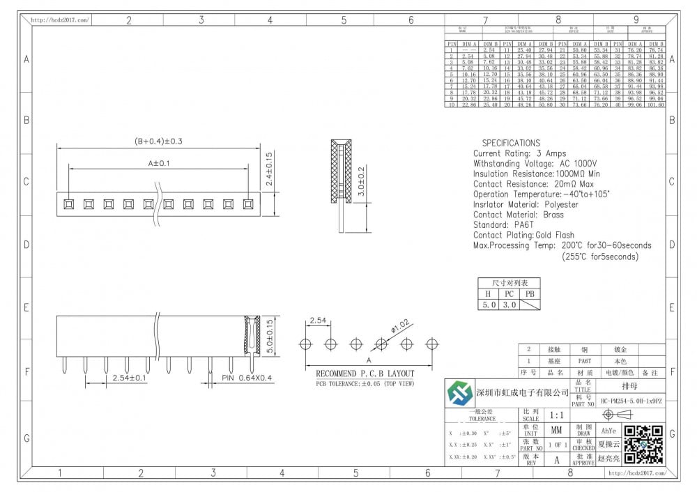 HC-PM254-5.0H-1x9PZ technical drawing
