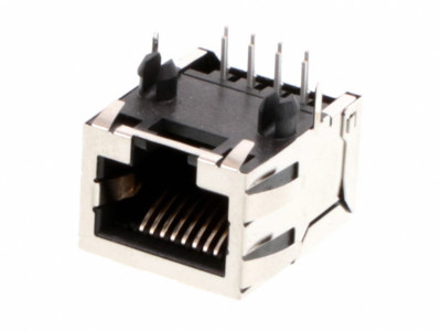 Modular Jack, Right-Angle, Low Profile, Shielded, All Panel Grounding Tabs, with Bottom Grounding Tab, Front Position PCB Ground Tab, 8/8