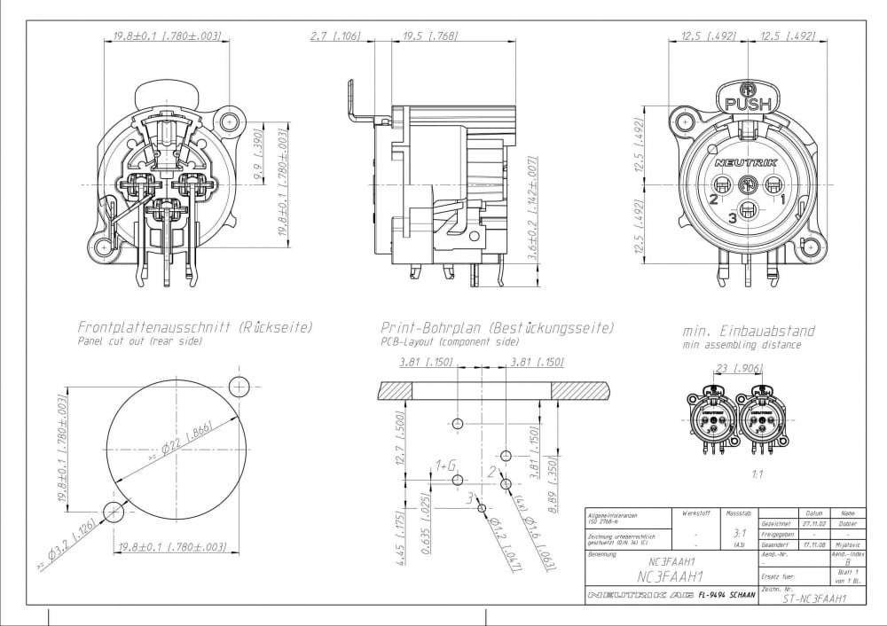 Neutrik NC3FAAH1 technical drawing page