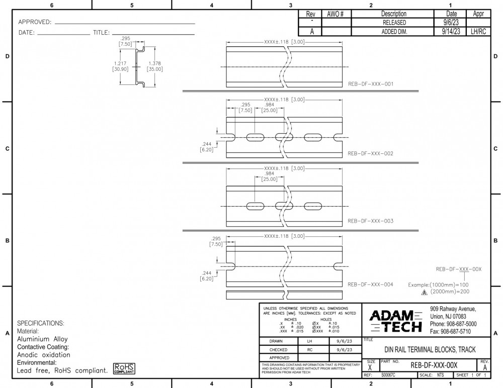ADAM TECH REB-DF series DIN rail track drawing preview