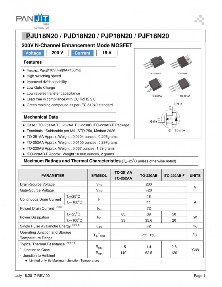 PANJIT PJF18N20 datasheet page 1