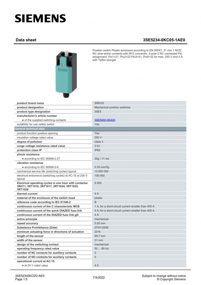 SIEMENS 3SE52340KC051AE0 datasheet page 1
