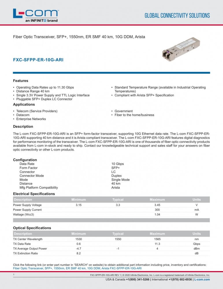 FXC-SFPP-ER-10G-ARI datasheet page 1