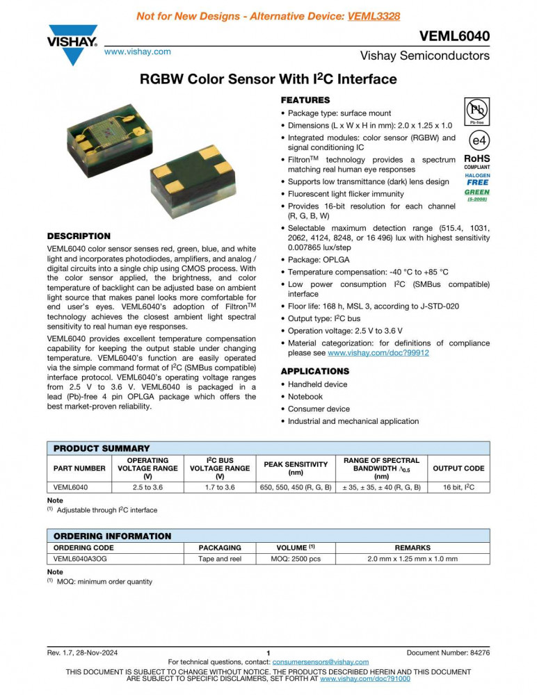VEML6040A3OG technical document page 1