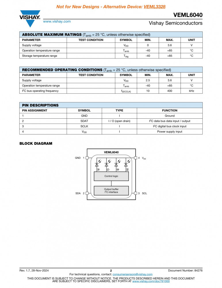 VEML6040A3OG technical document page 2