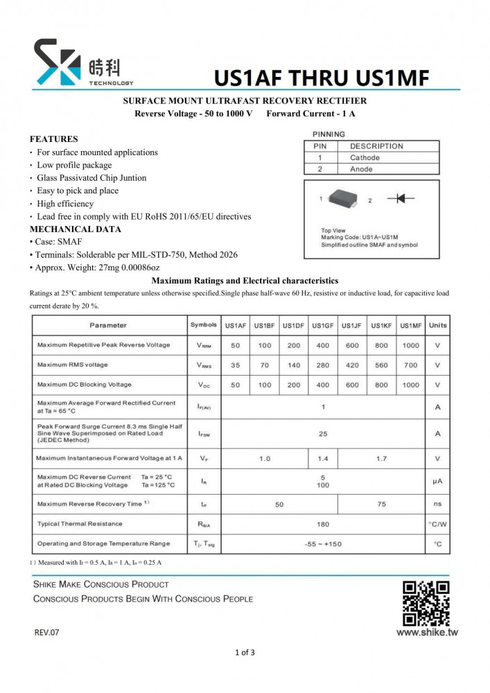 US1AF datasheet page 1