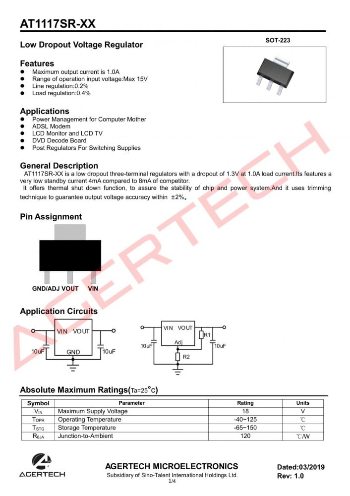AT1117SR-3.3V datasheet page 1