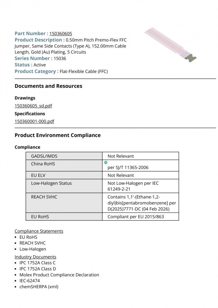 MOLEX 150360001 family specification, page 1
