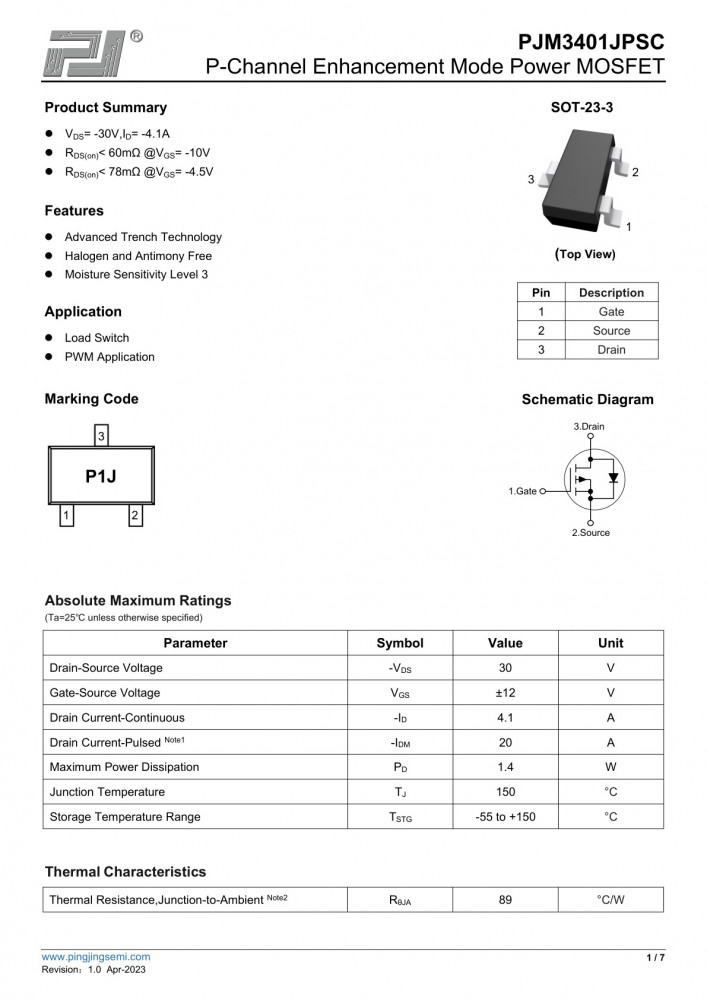 PJM3401JPSC datasheet page 1