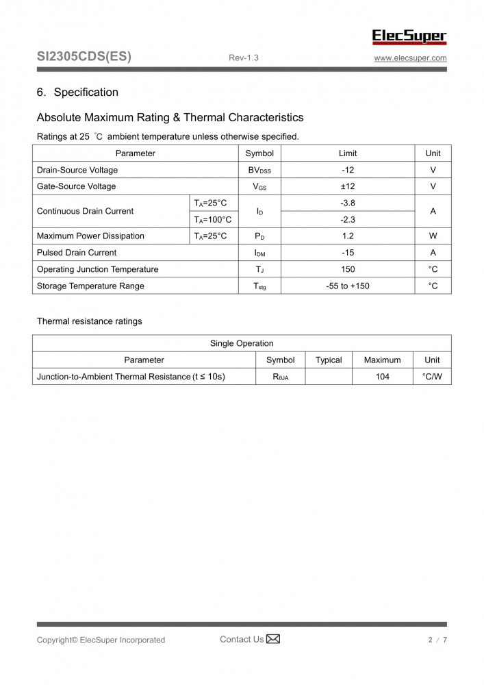 SI2305CDS(ES) datasheet page 2