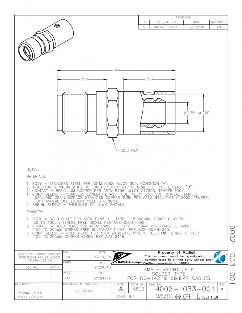 Radiall 9002-1033-001 SMA straight jack drawing and material notes