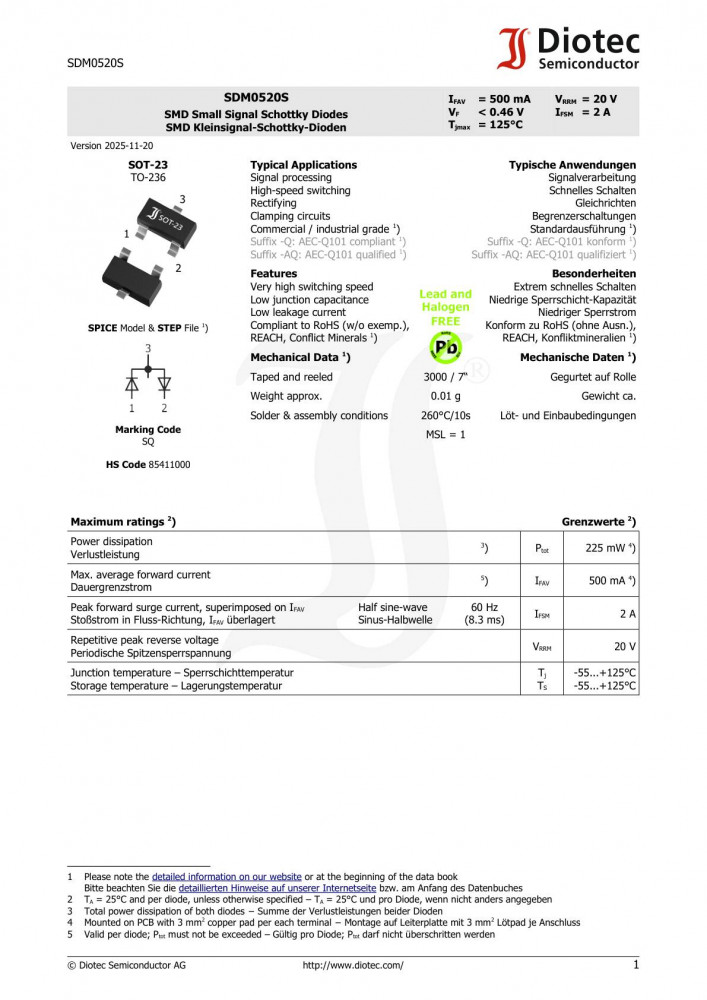 DIOTEC SDM0520S datasheet page 1