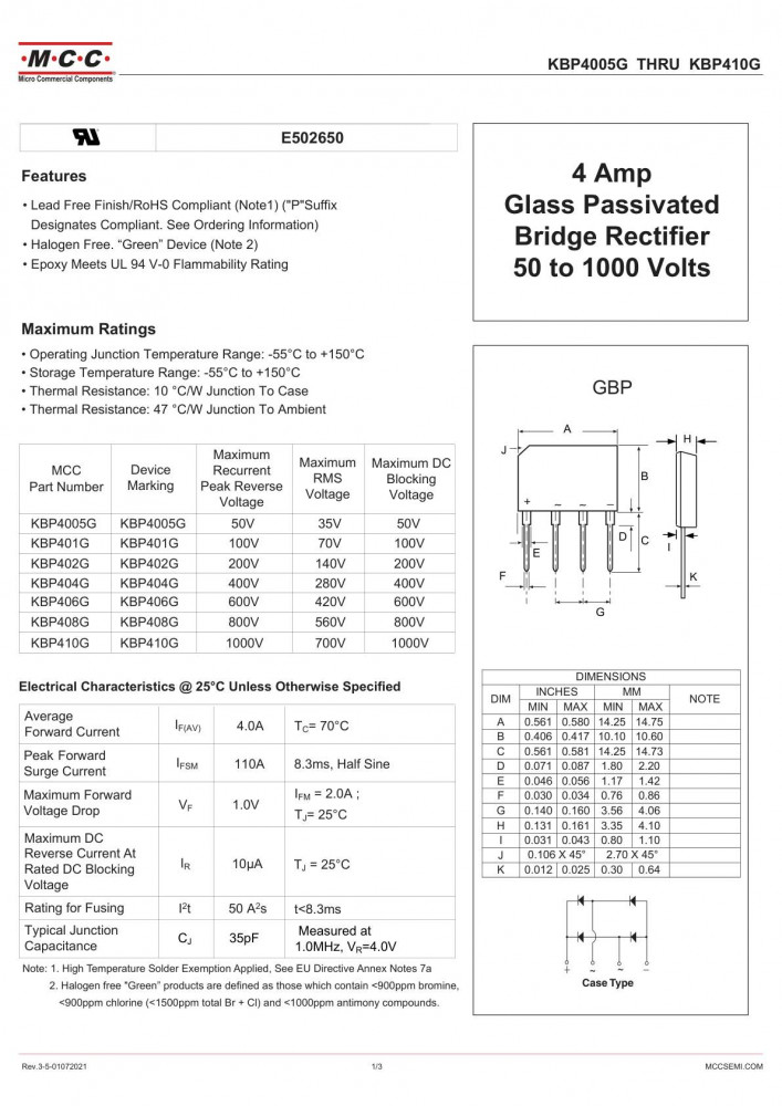 MCC KBP404G-BP datasheet page 1