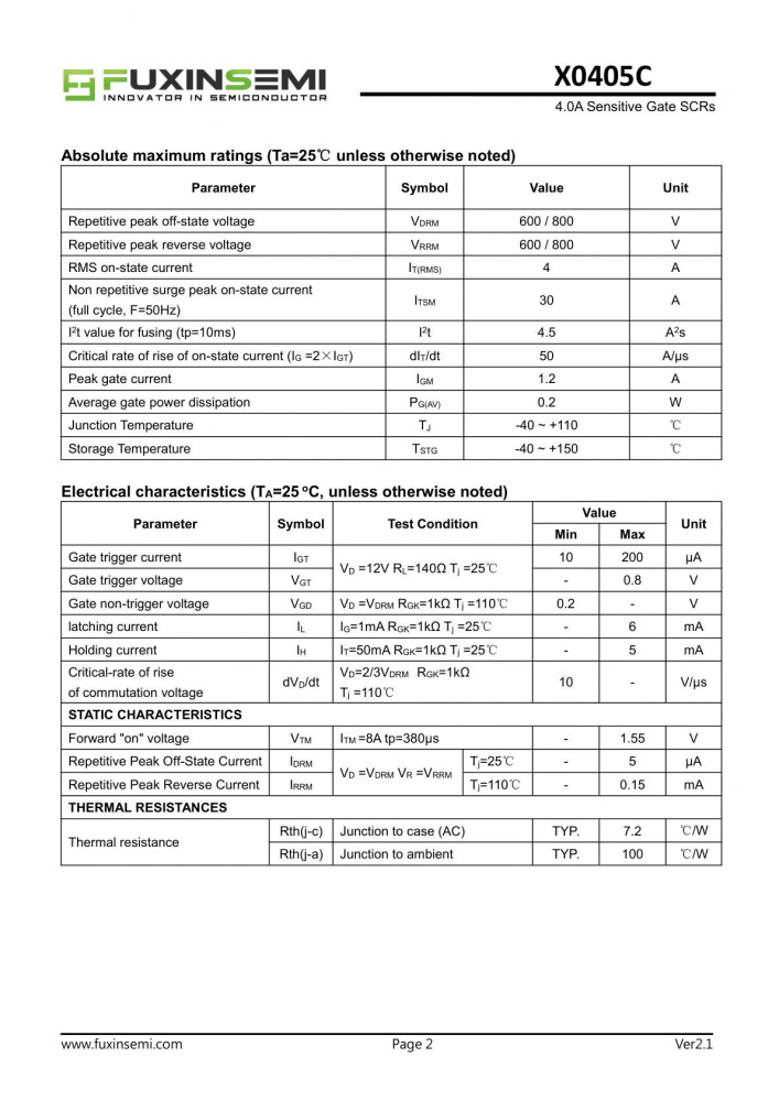 X0405C datasheet page 2