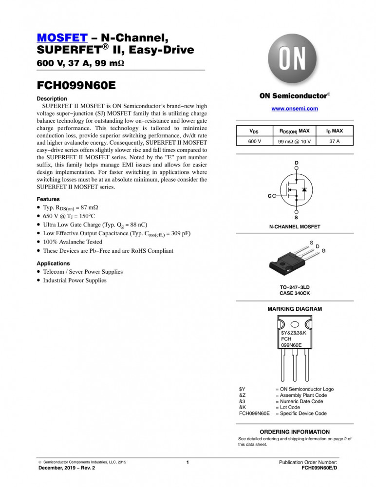 FCH099N60E datasheet page 1