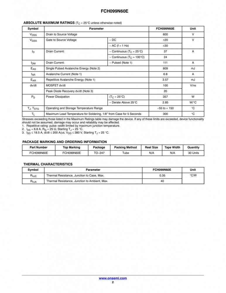 FCH099N60E datasheet page 2