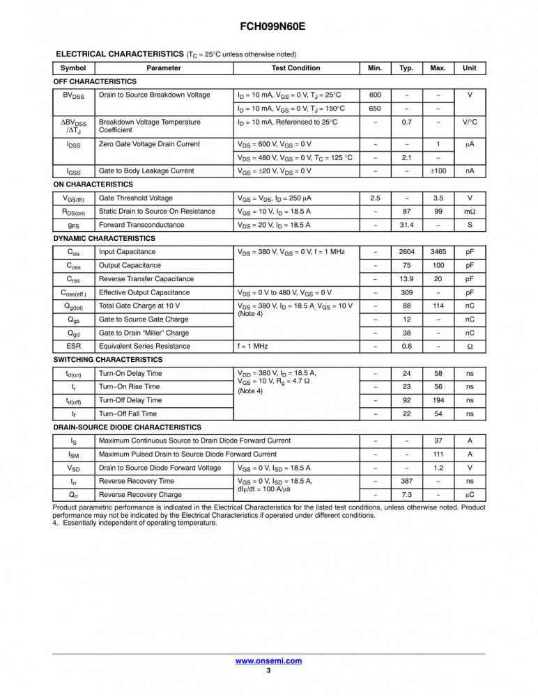 FCH099N60E datasheet page 3