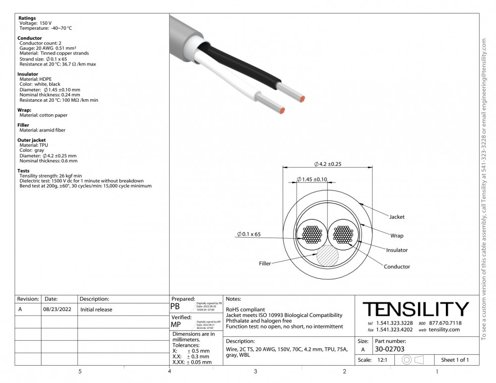 Tensility International 30-02703 cable specification drawing