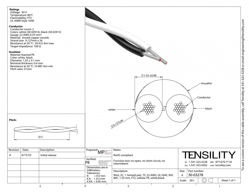 Product drawing preview for Tensility International 30-03278 twisted-pair wire