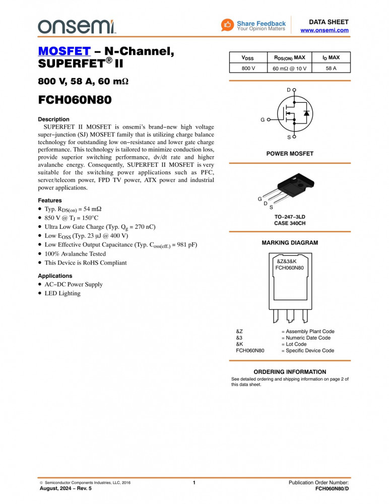 FCH060N80-F155 datasheet page 1