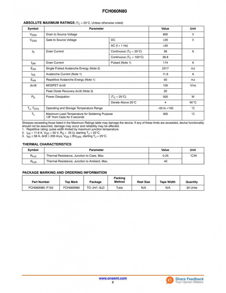 FCH060N80-F155 datasheet page 2