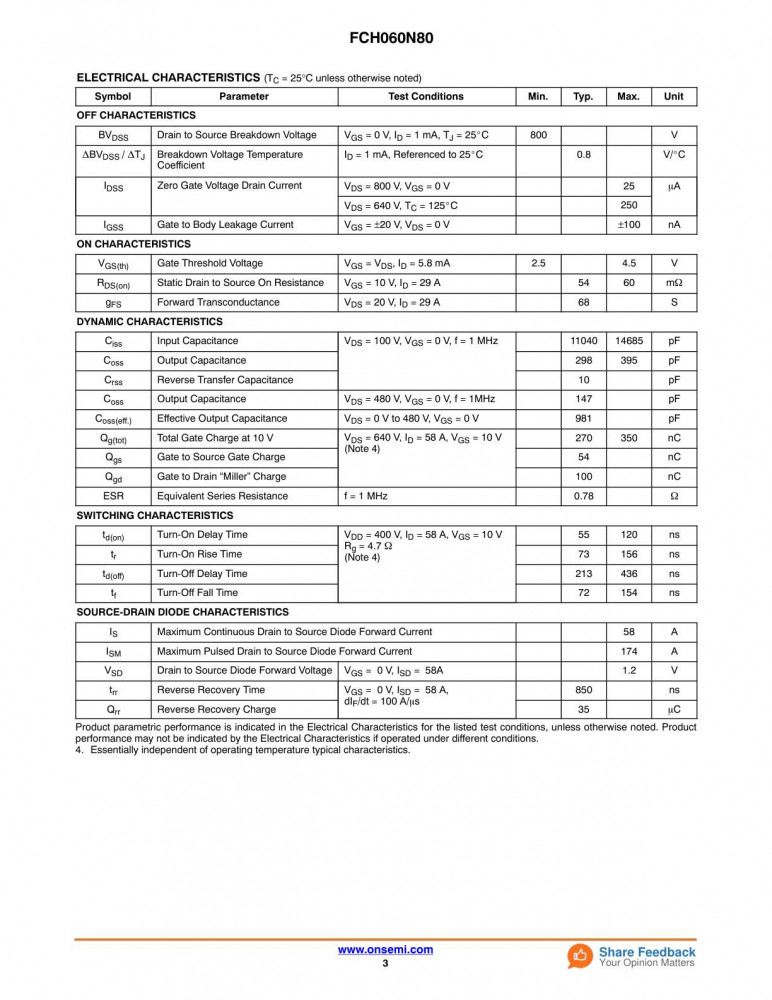 FCH060N80-F155 datasheet page 3