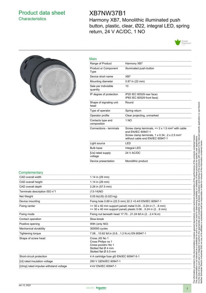 XB7NW37B1 technical document page 1