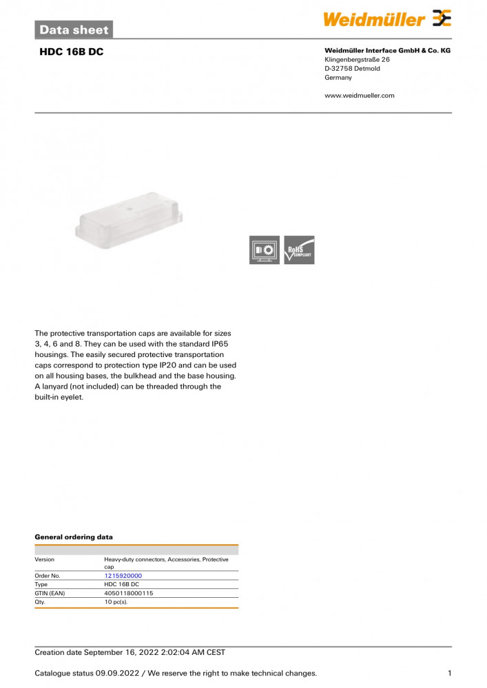 WEIDMULLER HDC 16B DC documentation page 1