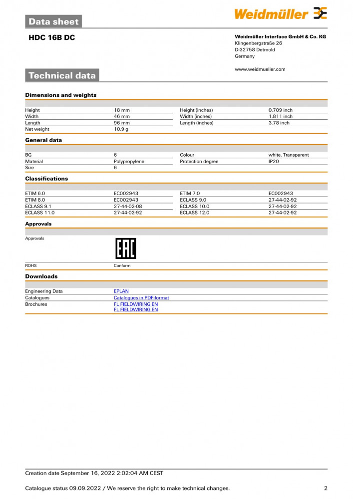 WEIDMULLER HDC 16B DC documentation page 2