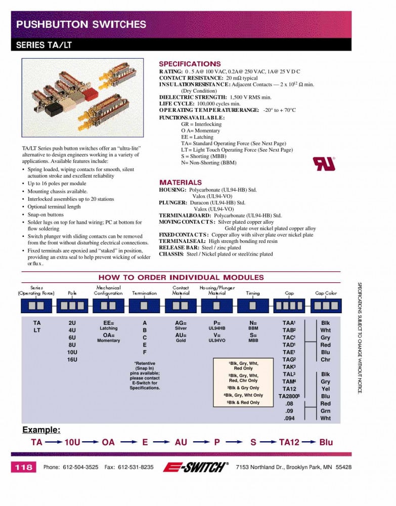 E-Switch TA/LT datasheet page 1