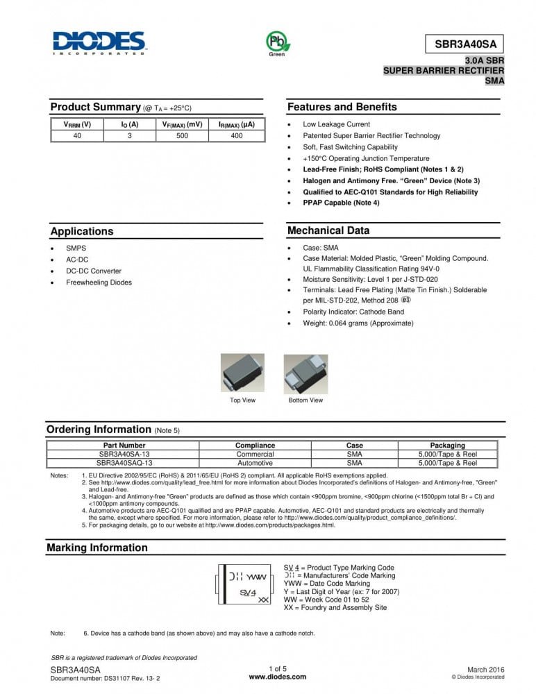 SBR3A40SA-13 datasheet page 1