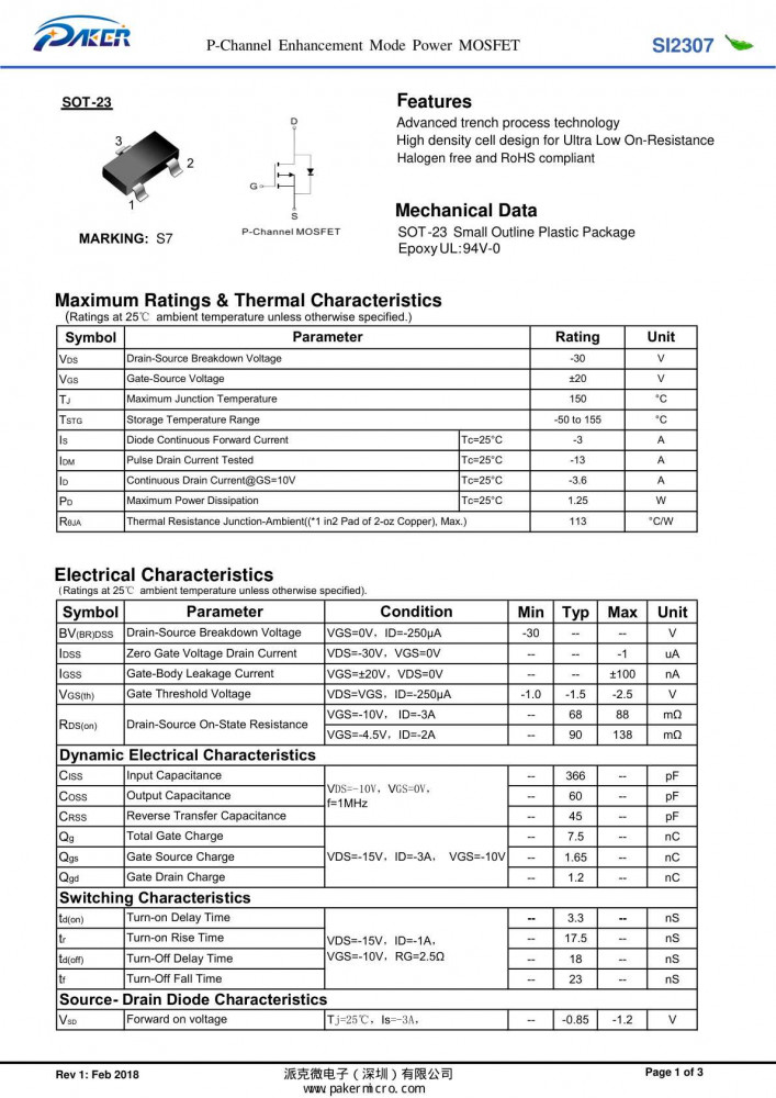 SI2307 datasheet page 1