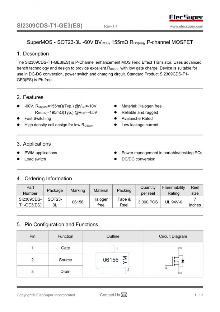 SI2309CDS-T1-GE3(ES) datasheet page 1