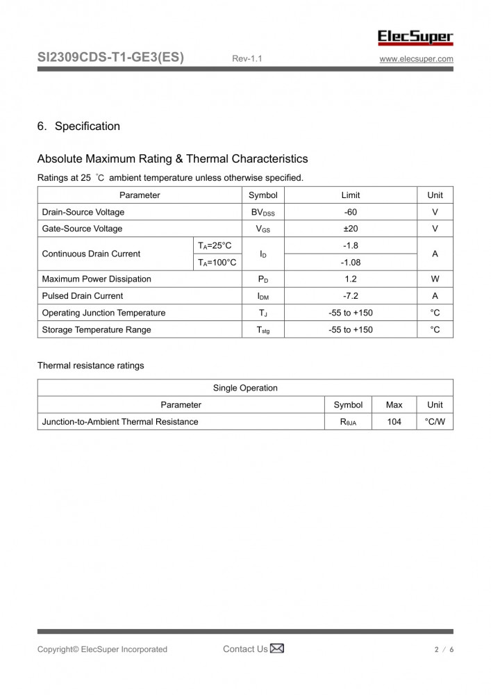 SI2309CDS-T1-GE3(ES) datasheet page 2