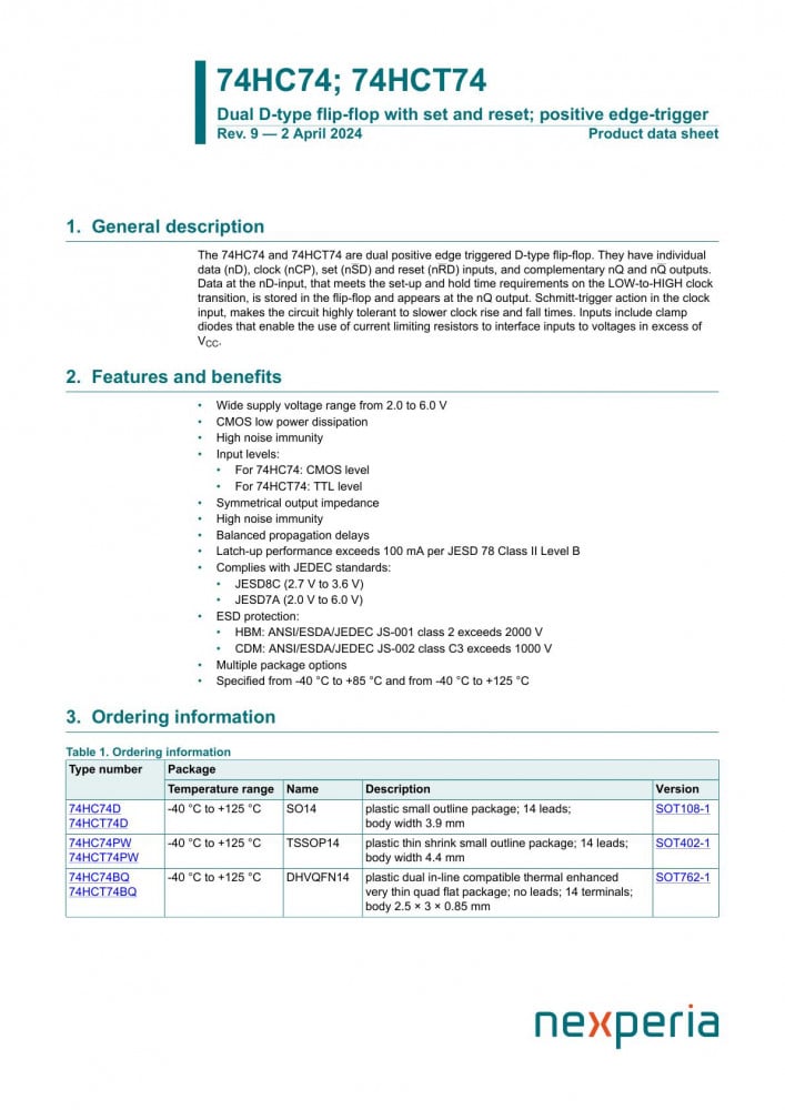 74HC74 data sheet page 1